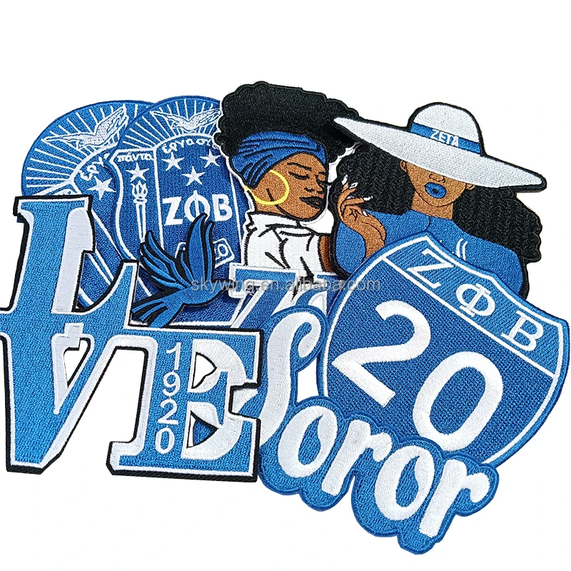 Serises Stock Blue & White Embroidery Sorority Zeta Phi Beta 1920 Soror Zeta Crest Round Zeta ...