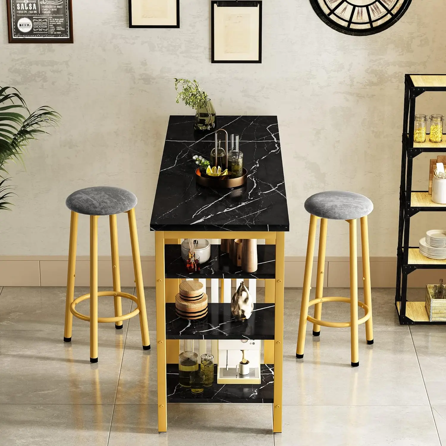 Customization Black Bar Table And 2 Stool Set With Storage Shelves 3 ...