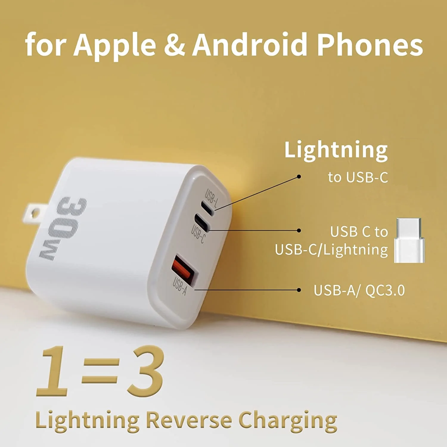 30w Usb C Power Charger Adapter Usb L+c+a 3-ports Lightning Reverse ...