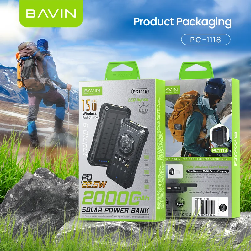 BAVIN Wholesale Solar Powerbank PC1118 20000mah 22.5w LED Light 15W Fast Charging Panels Power ...