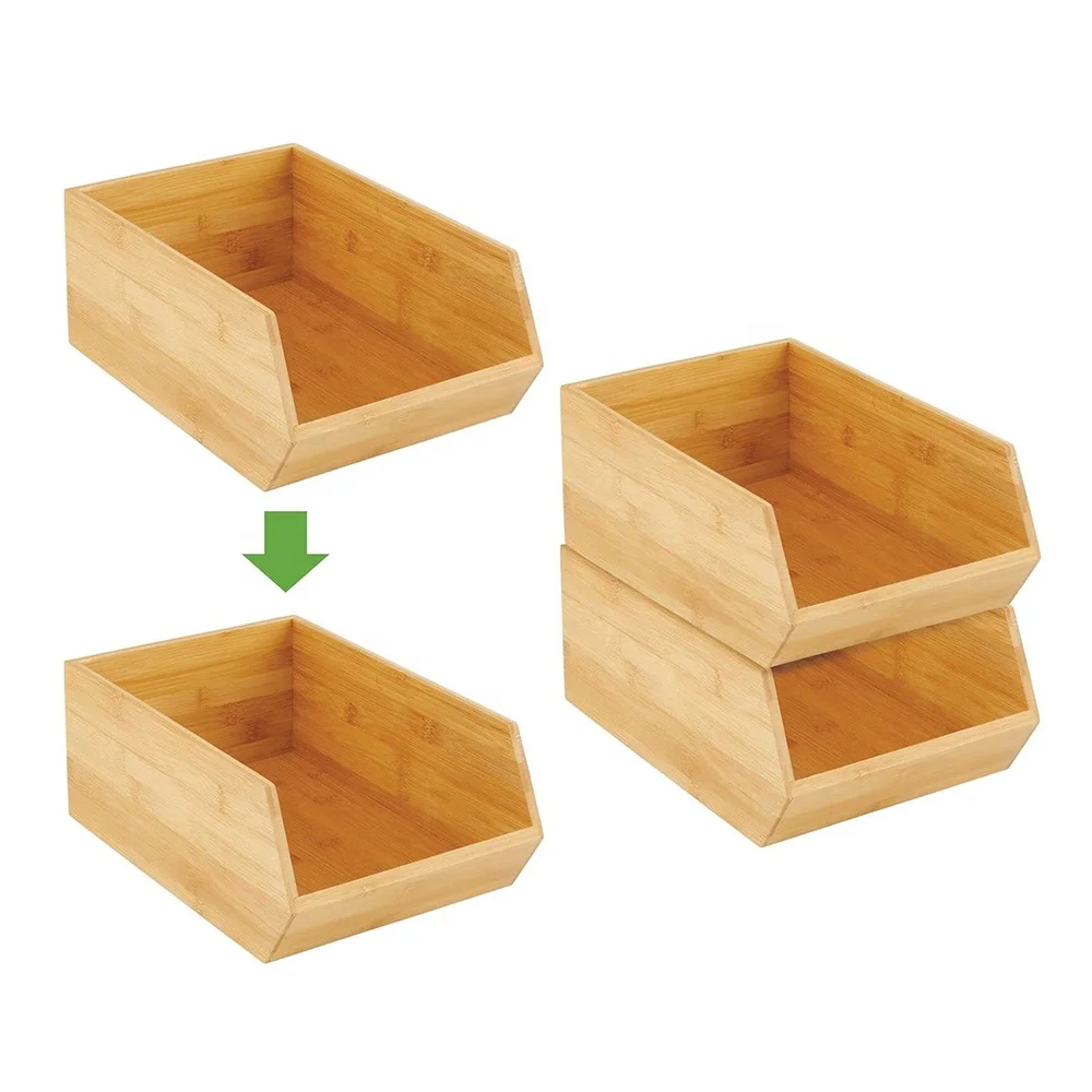Stacking Wood Bamboo Crate Box Organization Kitchen Storage Bin Basket ...
