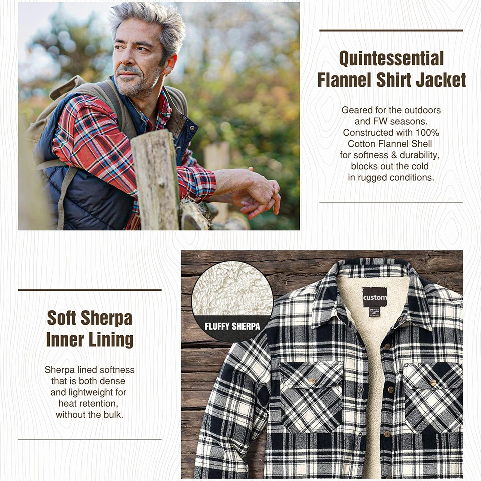 Wholesale logo Style Mens Flannel Quilted Shirt Jacket Plaid Thermal ...
