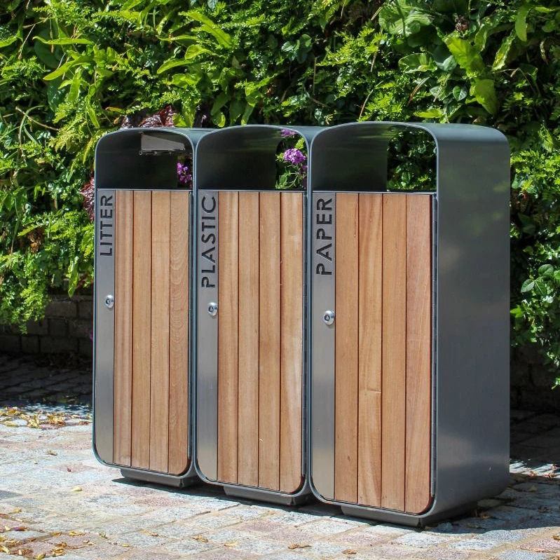 Durable Outdoor Wooden Trash Bin with Triple Stainless Steel