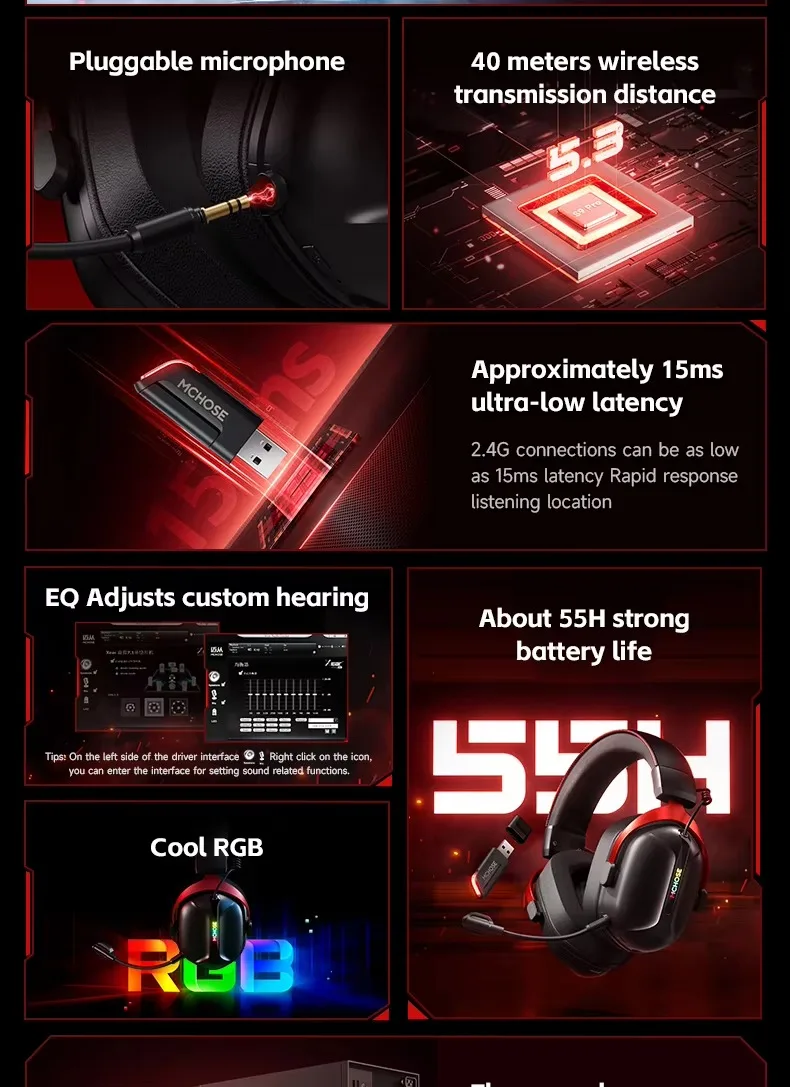 MCHOSE S9 Pro Headphone Wireless RGB Tri-mode with Microphone 7.1 3D ...