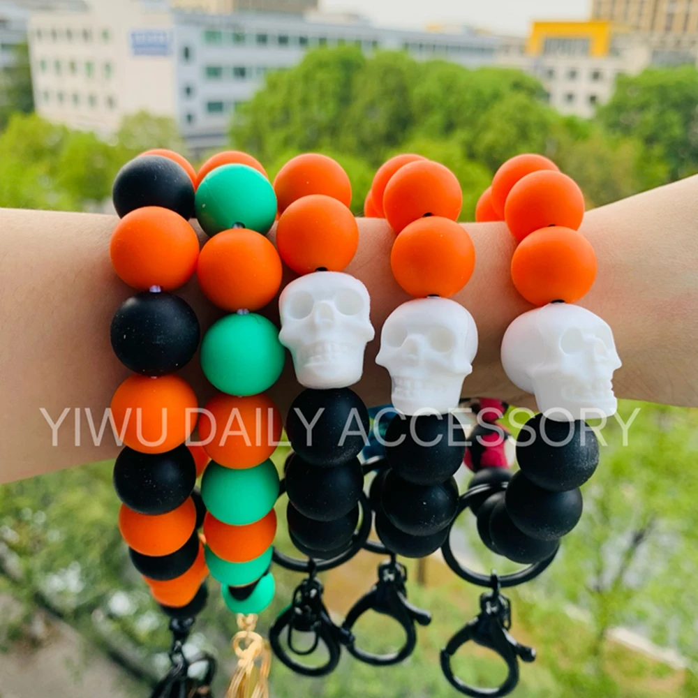 Halloween Key Chain Custom Monogram Engraved Disc Wood Beaded Bracelet ...