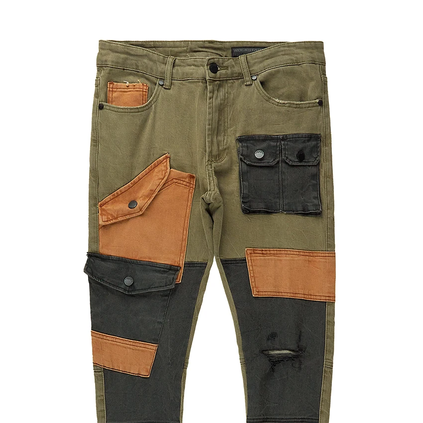 Custom Men Stack Stacked Ripped Flared Denim Cargo Jeans Multi Pockets Patchwork Zipper Cargo ...