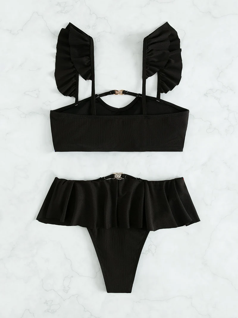 Ruffled Frilled Bikinis 2024 Woman Metal Ring Bandage Hollow Out Swimwear Two Pieces Swimsuit