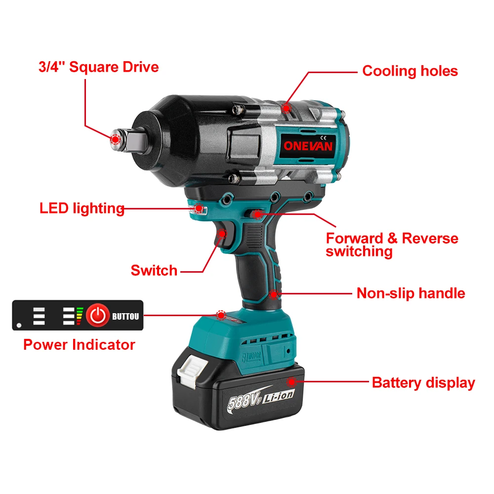 ONEVAN 3100NM Cordless Electric Impact Wrench, 3/4" Brushless Power ...