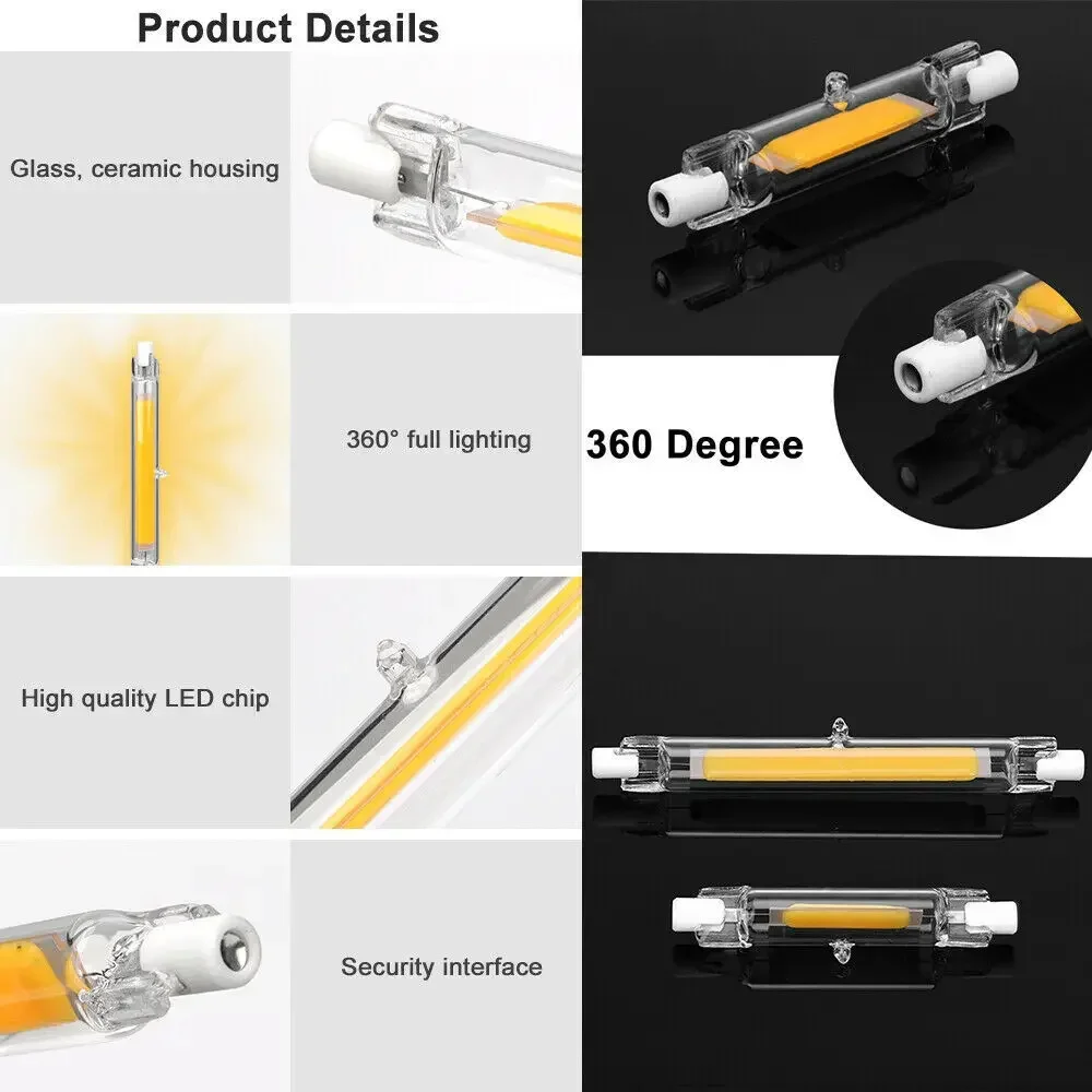 Dimmable R7S LED Glass Tube Bulb 118mm COB 78mm 110V/220V 7W/15W/28W ...