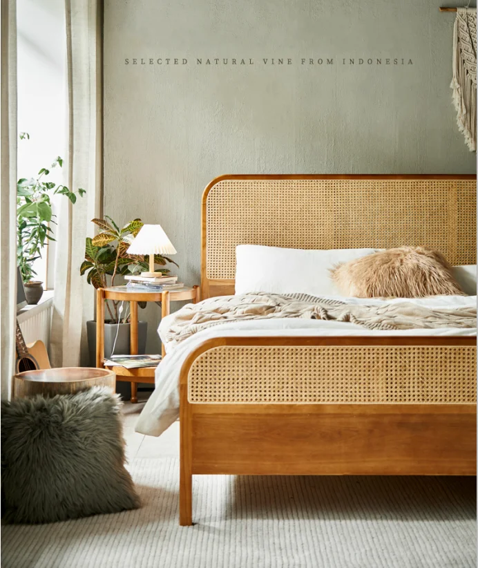 Bedroom Furniture Cane Double Bed Frame King Queen Size Natural Rattan ...