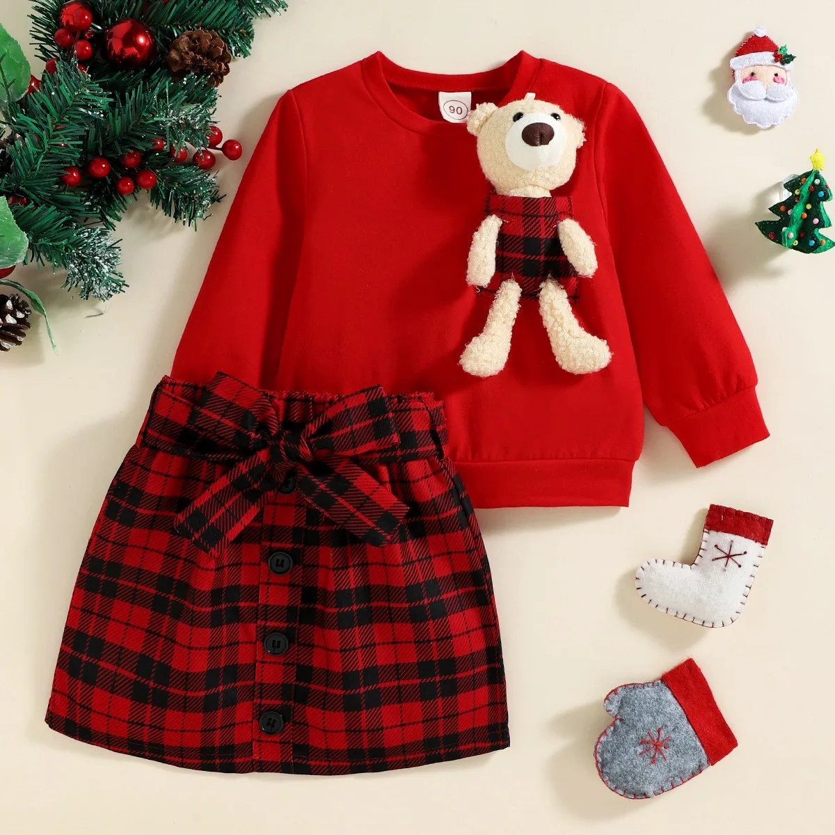 Kids Girls Christmas Skirt Set Long Sleeve Bear Doll Sweatshirt ...