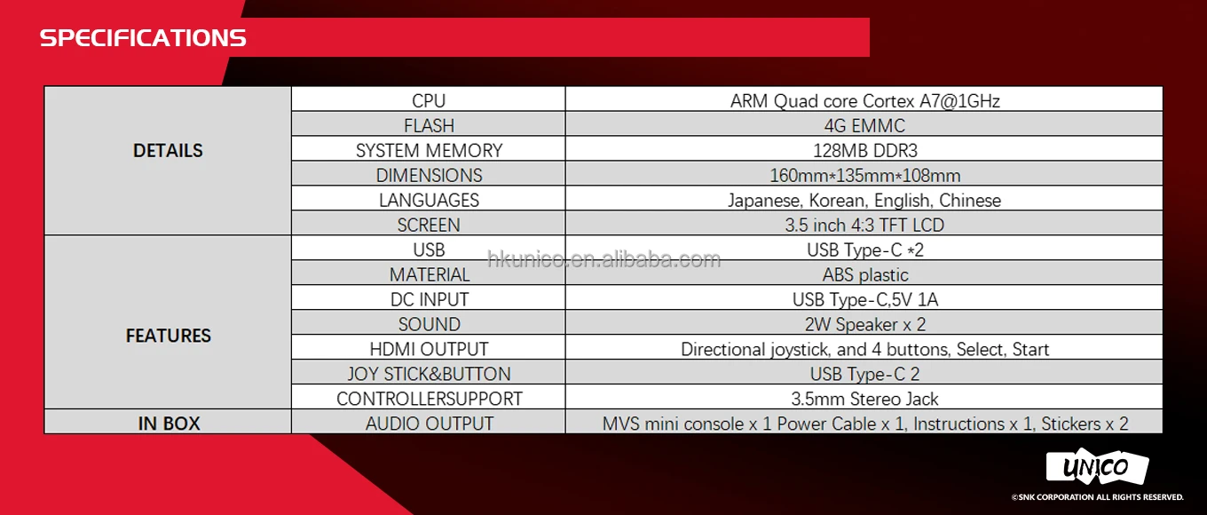 Retro Console with 45 Pre-Loaded Classic Games - Red MVS MINI Unico ...