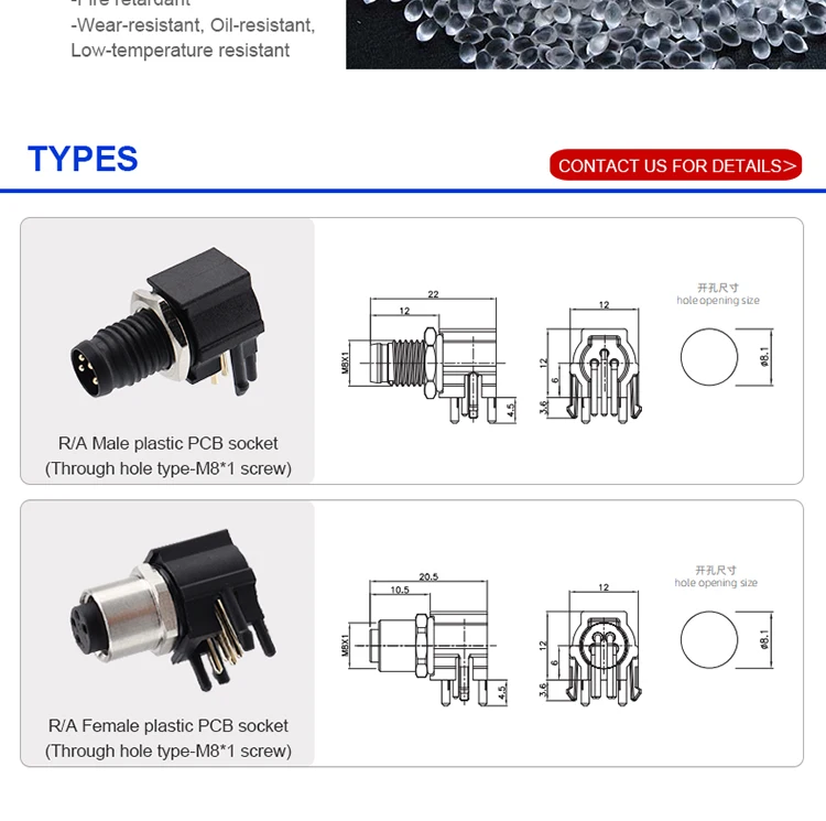 M8 Panel Mount Plastic Connector - Waterproof IP67 3pin 4pin