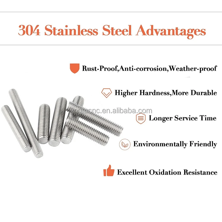 Ss 304 Stainless Steel 16-500mm Length M3 M4 M5 M6 M8 M10 Full Thread ...