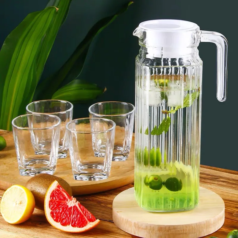 High Quality Glass Water Jug & Pitcher Set with Plastic Lid 1.3L ...