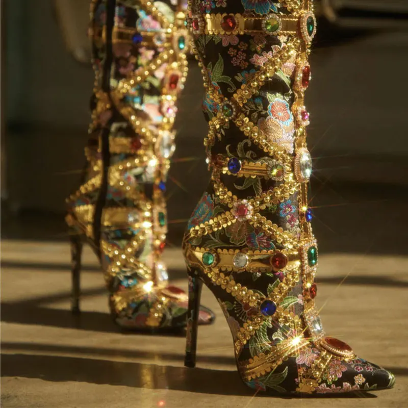 Colorful Diamonds Women's Knee High Print Boots Pointed Toe Metal Decor ...