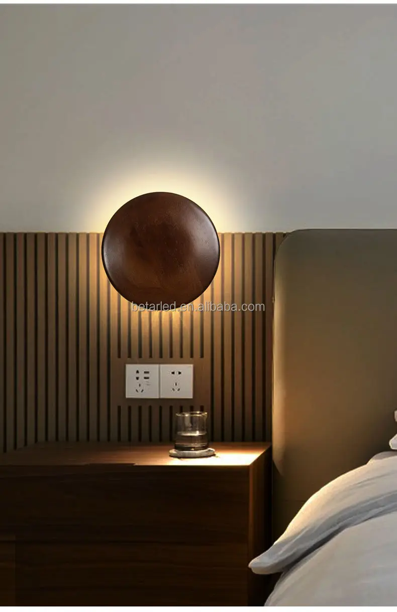 Walnut Wood Round Wall Sconces,Round Bedroom Wall Lamp,Bedside Wood ...