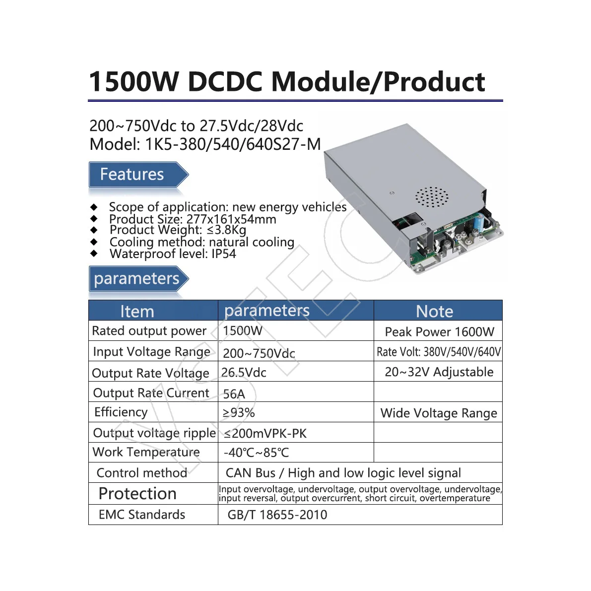 EV汽车总线DC转换器250V ~ 850V至27.5V 13.8V 600w 1kw 1.5kw 2kw 2.5kw 3kw 5kw EV ...