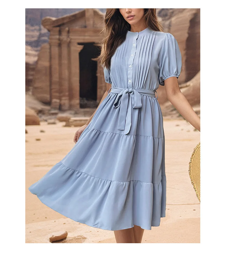 Pretty Steps 2024 Summer Commuter Lace Dress Short Sleeve Pleated Long ...