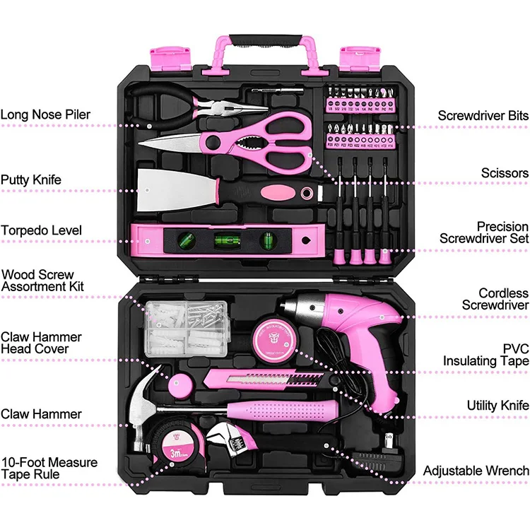 126Pcs Pink Power Tool Combo Kit 8V Rotatable Electric Screwdriver DIY ...