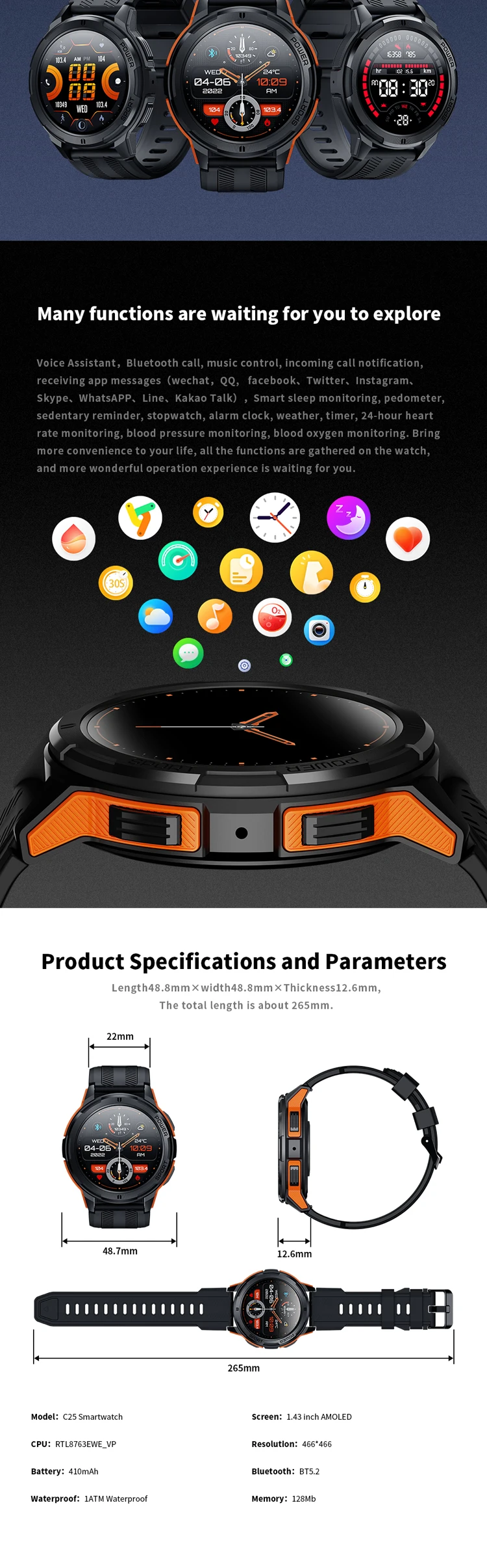 2023 466*466 AMOLED C25 Smartwatch - Outdoor Sport & Heart Rate