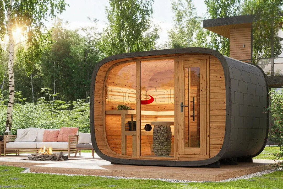 Curved Wooden Sauna Room with Large Windows | Contemporary Outdoor ...