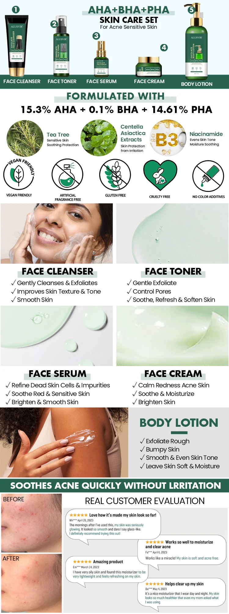 Aha Bha Pha Skincare Set Face Wash Skin Toner Serum Facial Cream ...