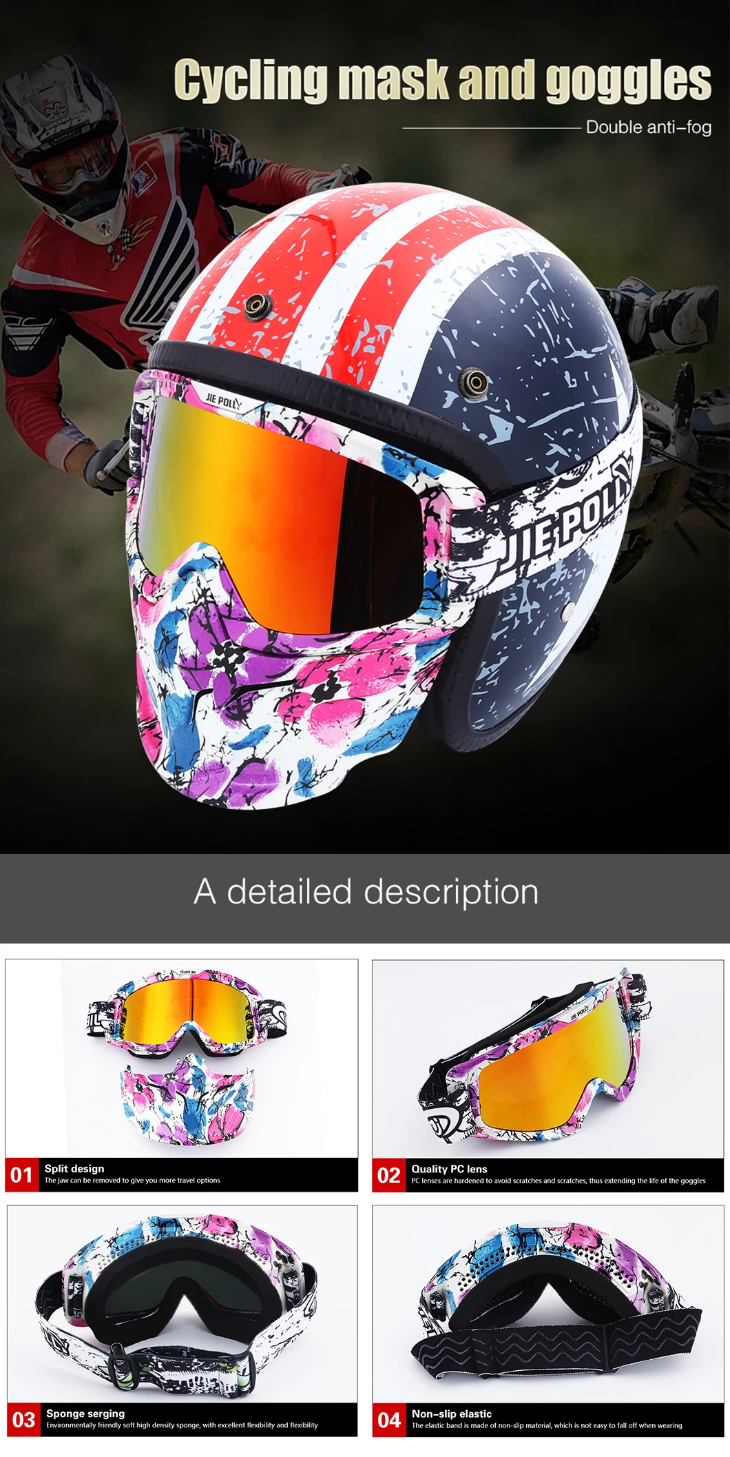 Jiepolly Outdoor Speed Motorcycle Googles Helmet Glasses Face Mask ...