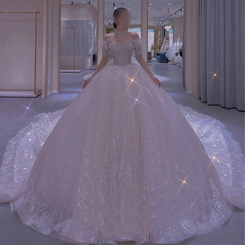 Women’s Long Tail Wedding Dress - Lace Ball Gown with Embroidery ...