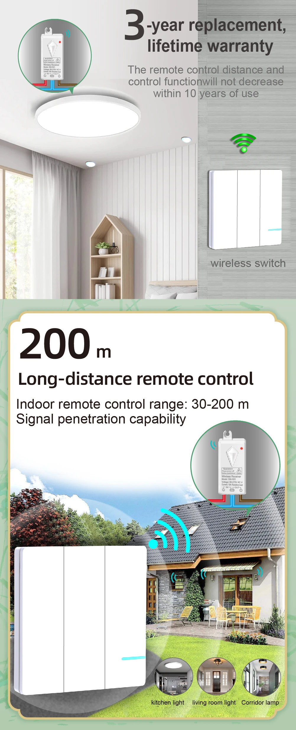 3 Gang 3 Way Wall Wireless Light Switch with Mini Receiver 6 Major ...