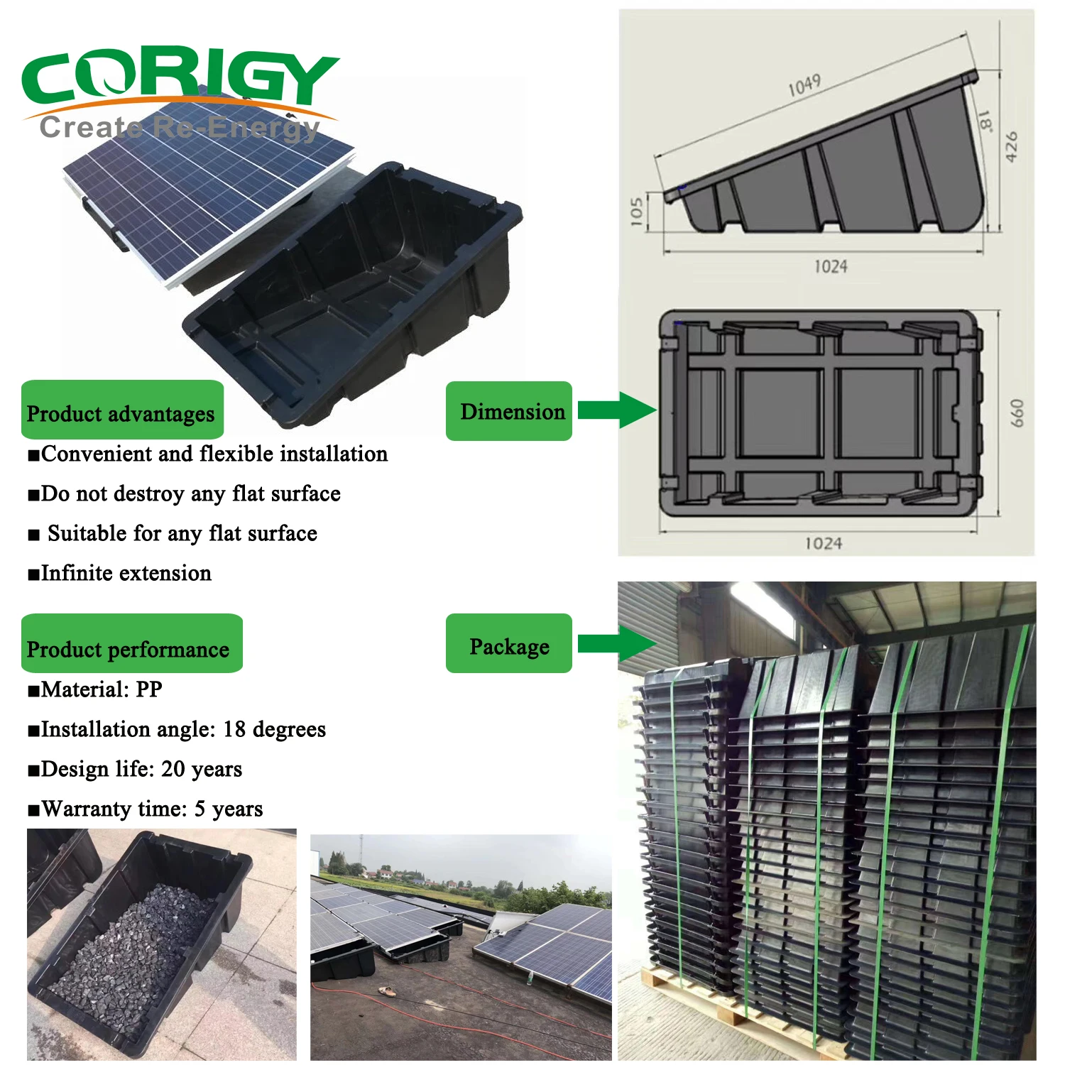 Corigy Photovoltaic Rack Plastic Ballasted Mounting Container for Solar ...