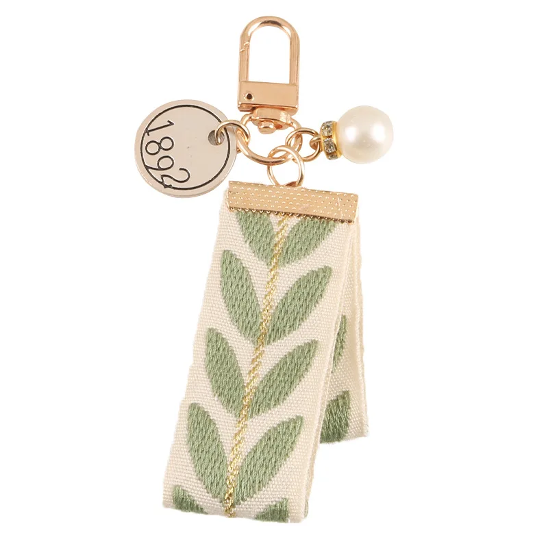 Creative Pearl Heart Key Chain Fresh Striped Fabric Ribbon Key Ring ...