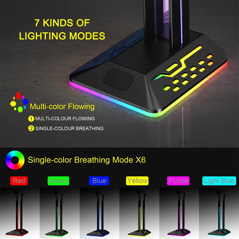 RGB Headphone Stand with Type C 2 USB Ports 3.5mm Audio for All ...