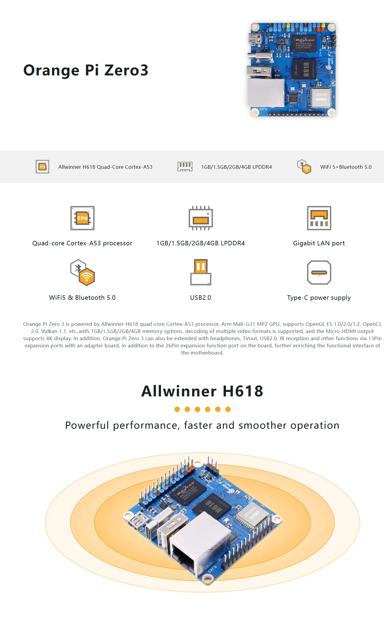 Orange Pi Zero 3 Development Board 1GB 1.5GB 2GB 4GB Official Original Orange Pi Quanzhi H618 ...