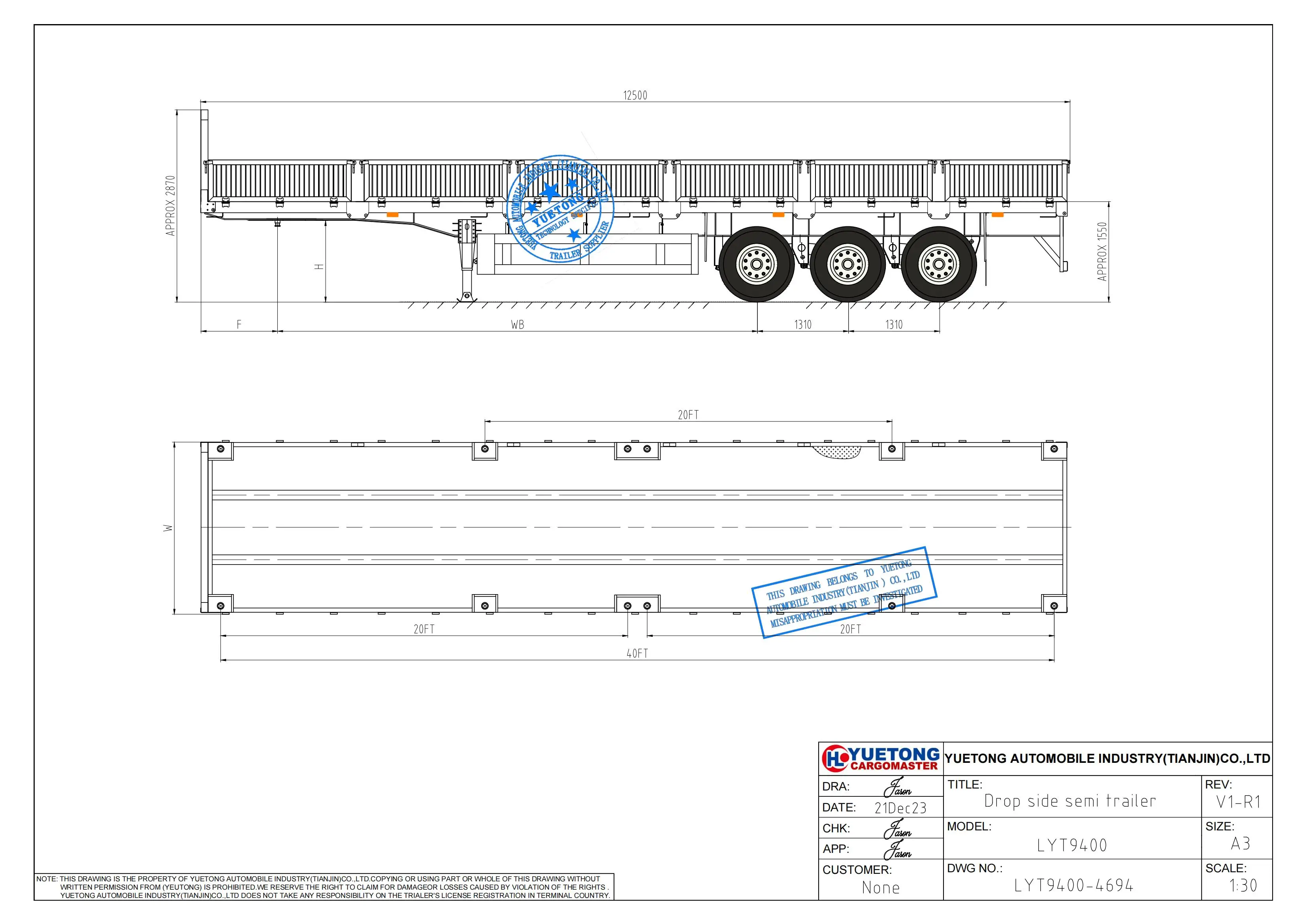 Drop Side Semi Trailer 13m 30/40/50/tons Side Wall Semi Trailer ...
