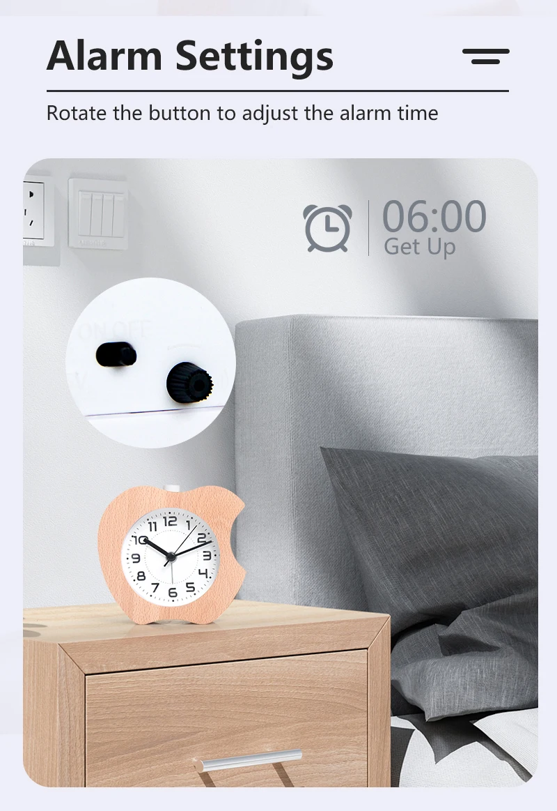 Wooden Analogue Quartz Table Alarm Clock Quiet Sweep Movement Night ...