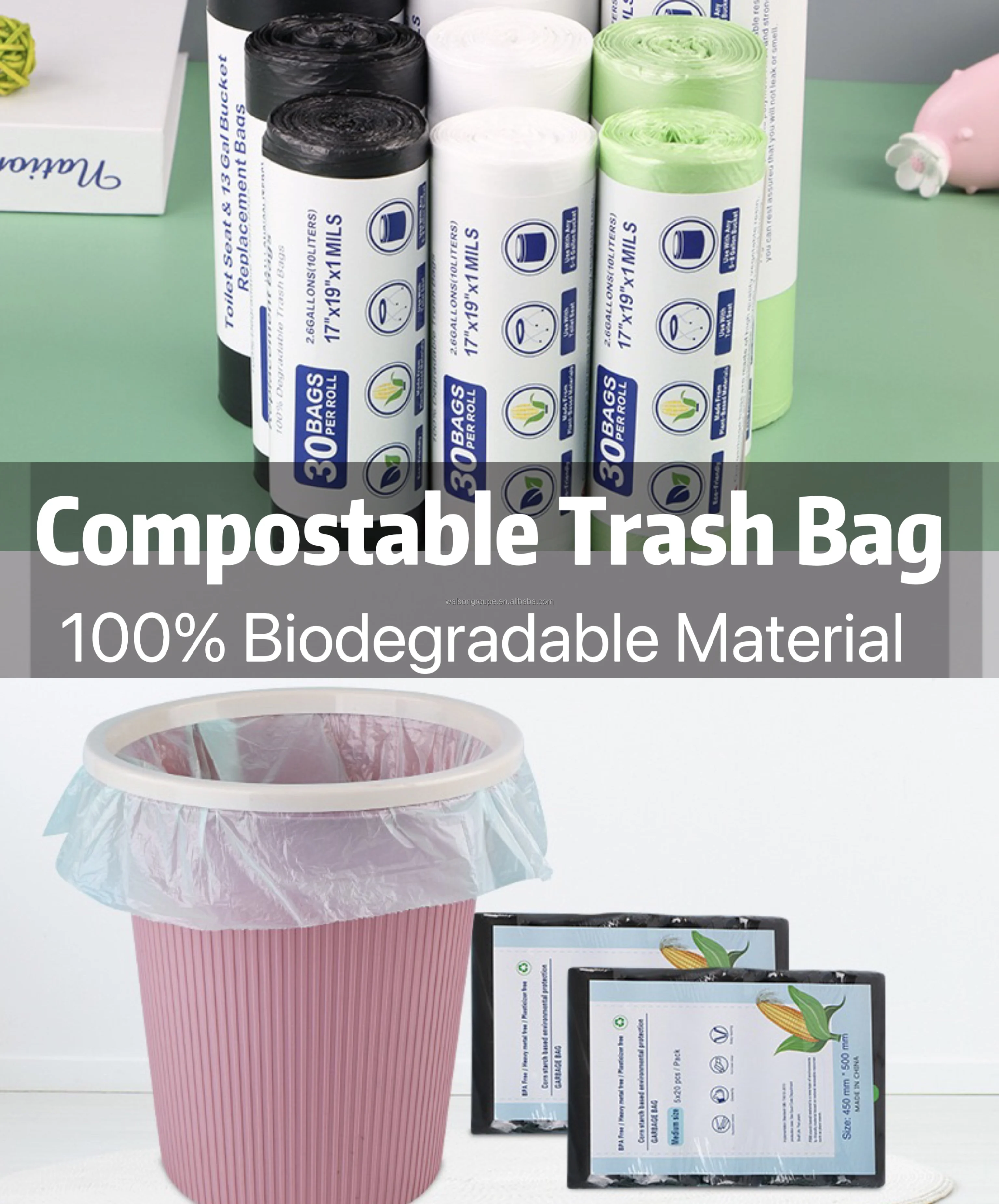 Walson Eco Friendly 100% Biodegradable Cornstarch Trash Bags Compostable Flat Garbage Bags ...