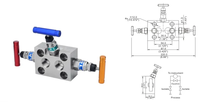 Stainless Steel Instrument Manifold Valves Flange Mounting 3 Way ...