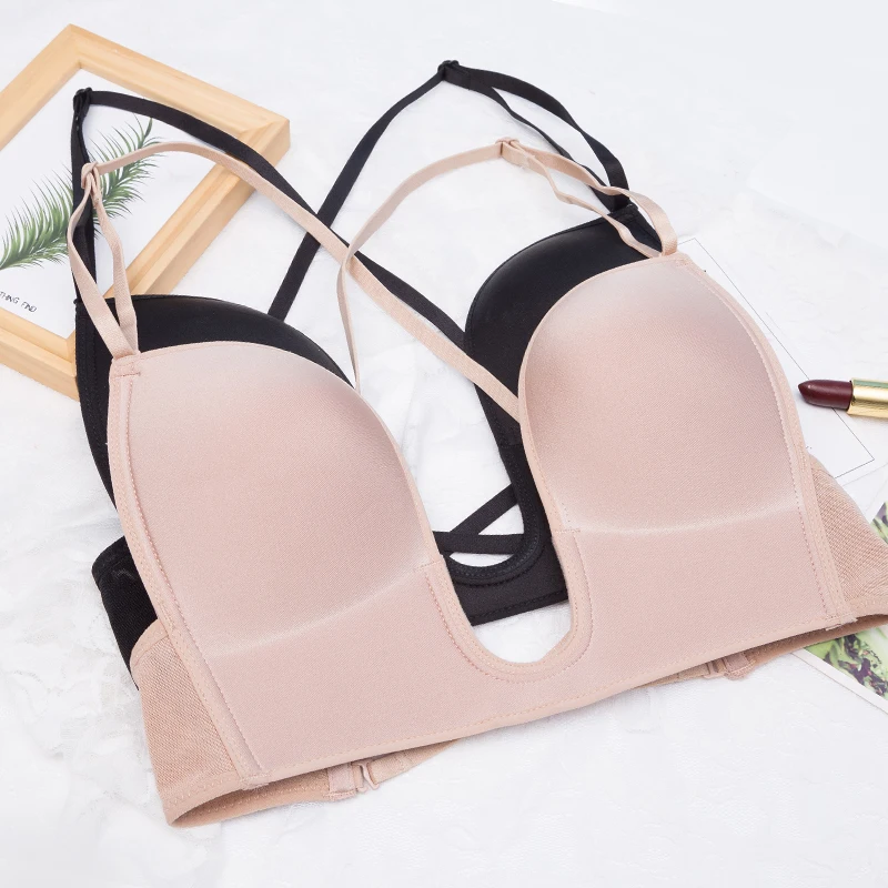 Sexy Women U Shape Front Open Seamless Push Up Bra Deep U Plunge Bra Multi-way Convertible ...