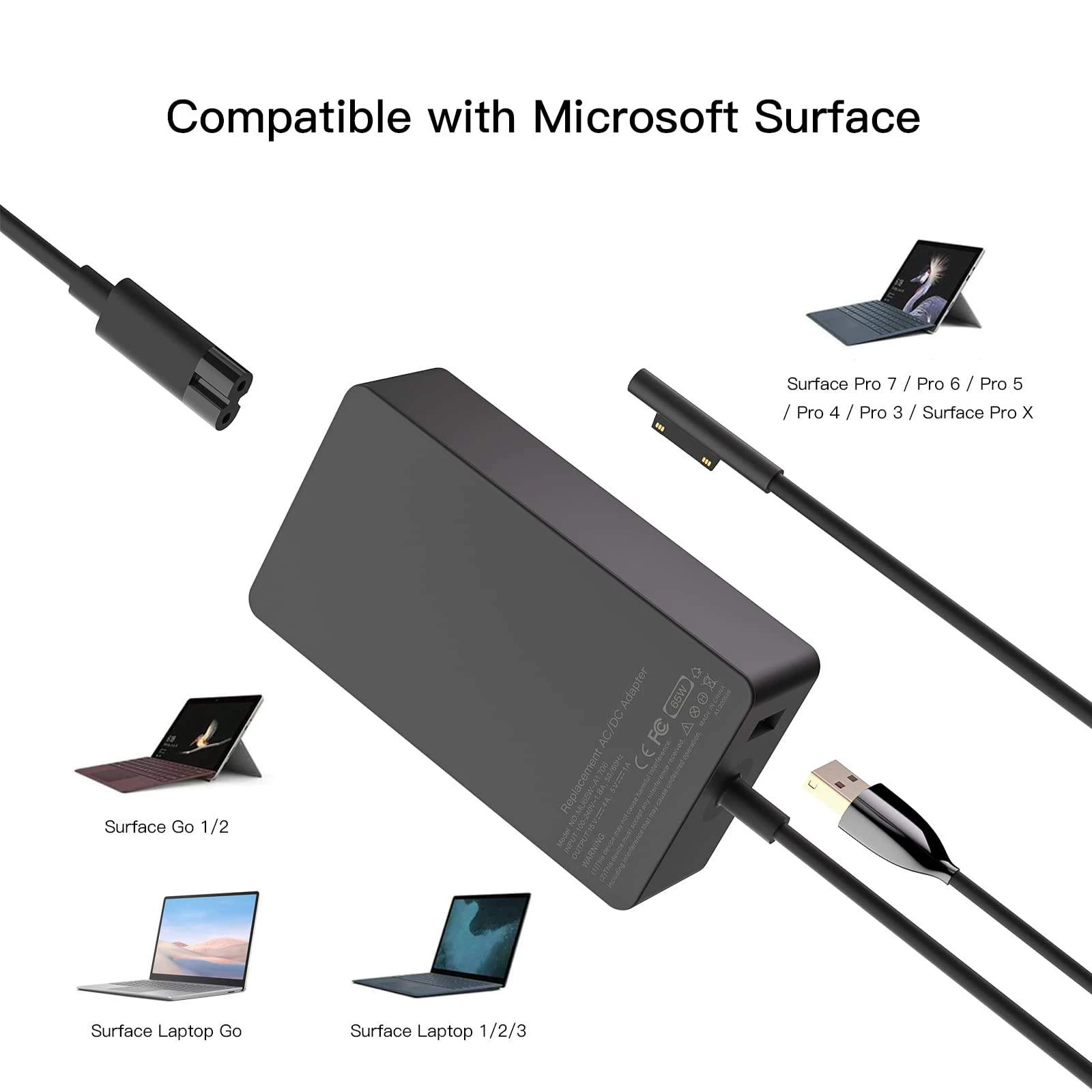 65w Laptop Charger With 5v Usb 2.0 Charging Port For Microsoft Surface ...