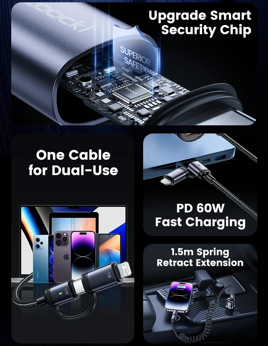 Toocki New Series Product 2 In 1 Spring Stretch Charging Cable 20w 60w ...