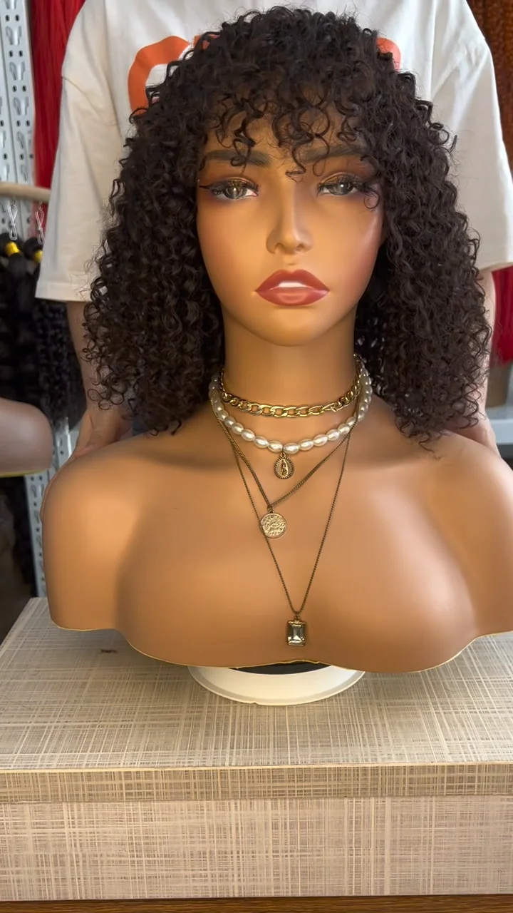 Afro Kinky Curly Bob Wig With Bangs Machine Made Pixie Cut Closure Wigs For Black Women ...