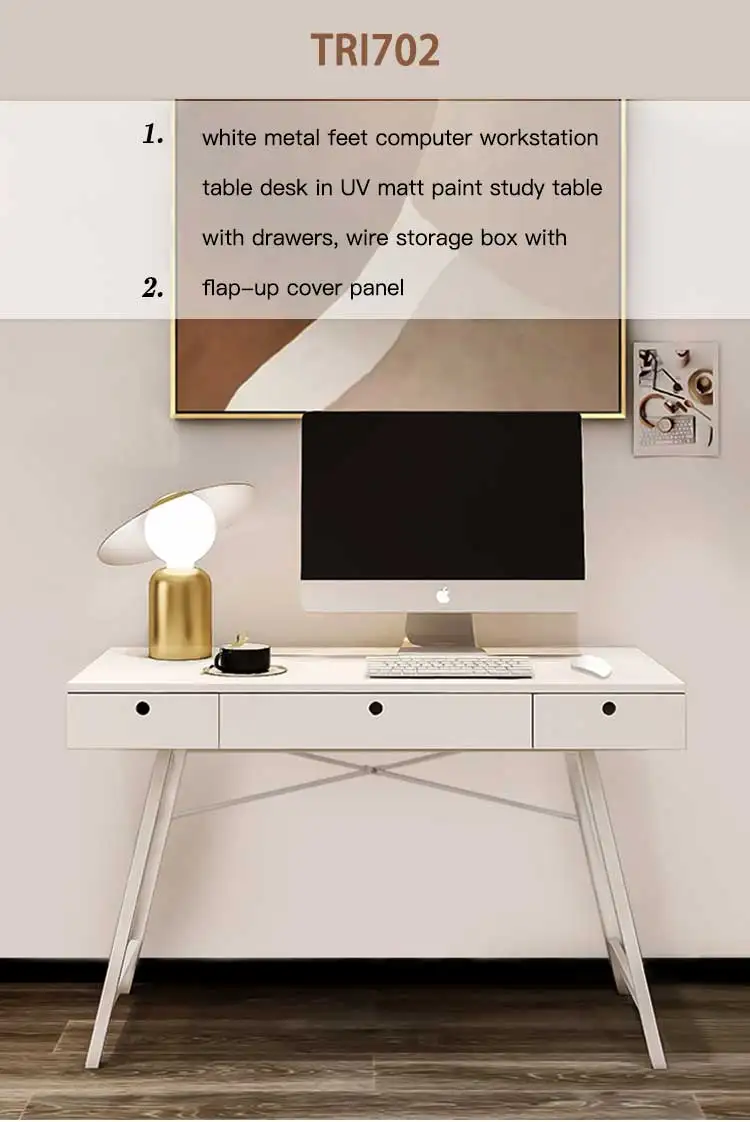 White Metal Feet Computer Workstation Table Desk In Uv Matt Paint Study ...