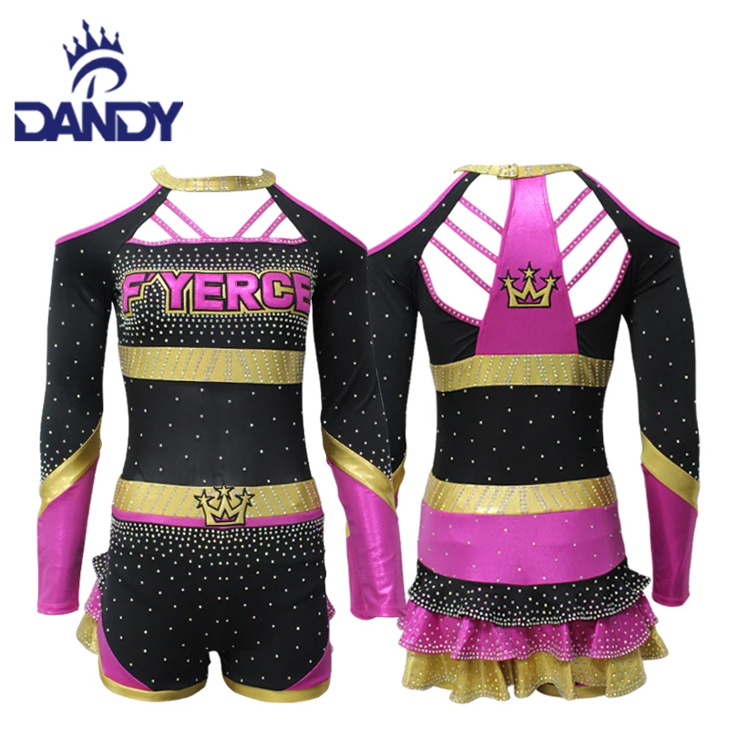 High School Pleat Skirts Cheerleading Uniforms Shiny Rhinestones Cheerleader Uniforms