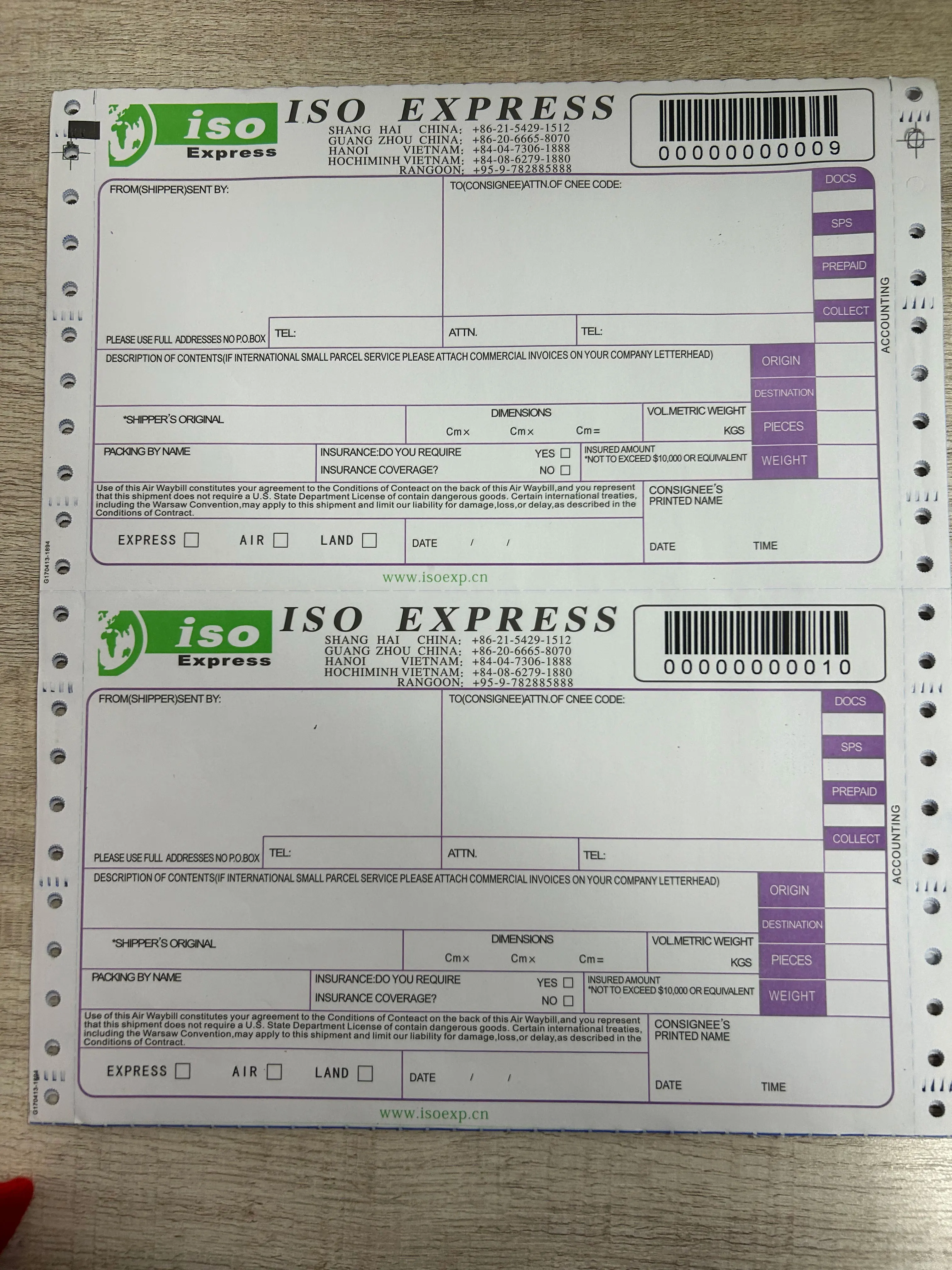 Custom International Receipt Air Waybill Express Shipping and Tracking ...