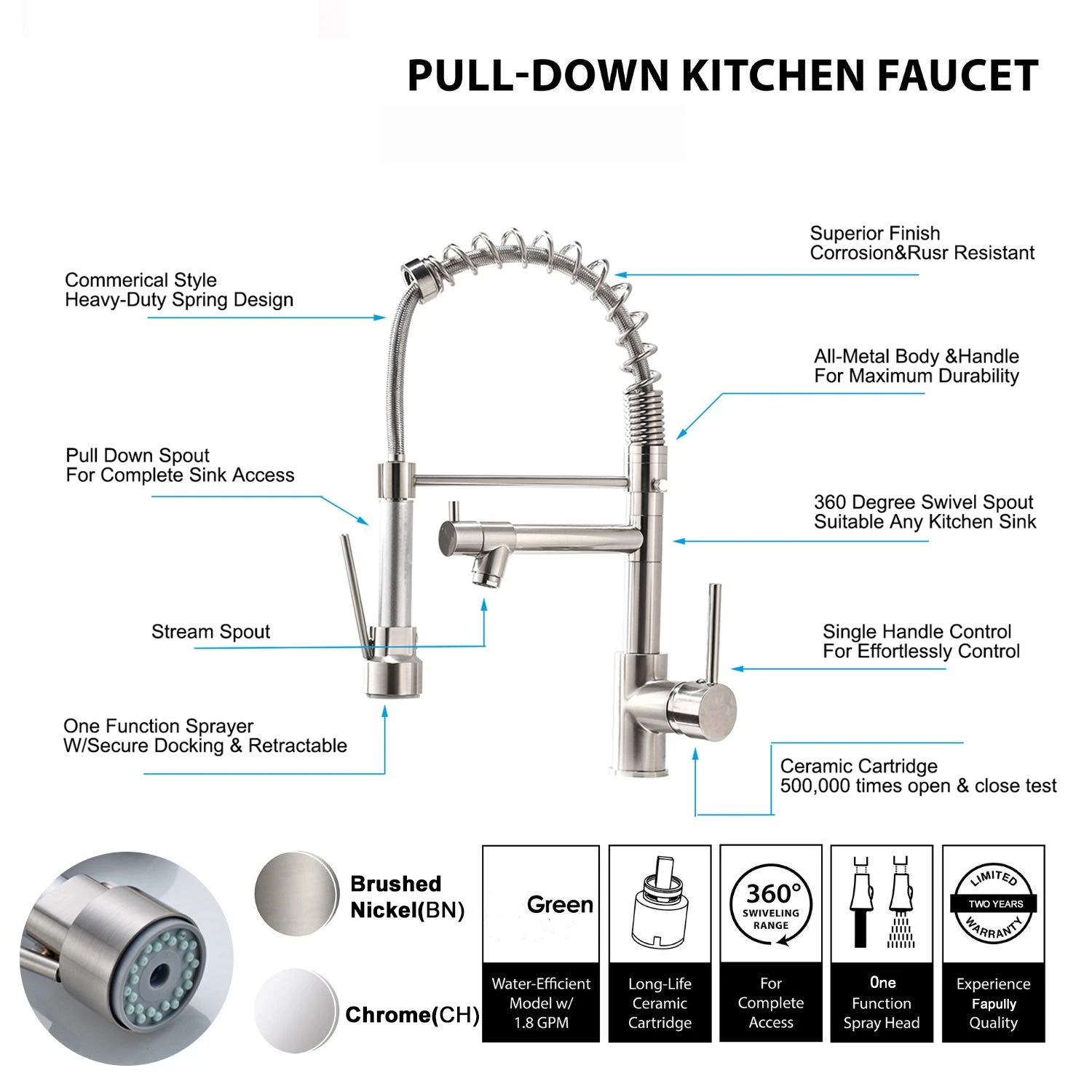3 Way Spring Pull Out Kitchen Faucet - Stainless Steel 201