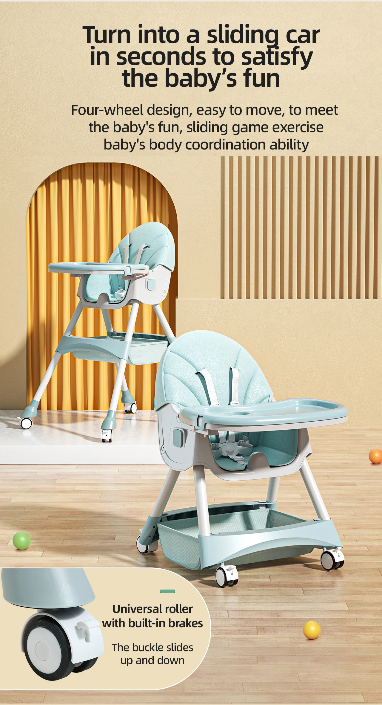 Baby Feeding Chair with Wheels - 3 in 1 Foldable Design