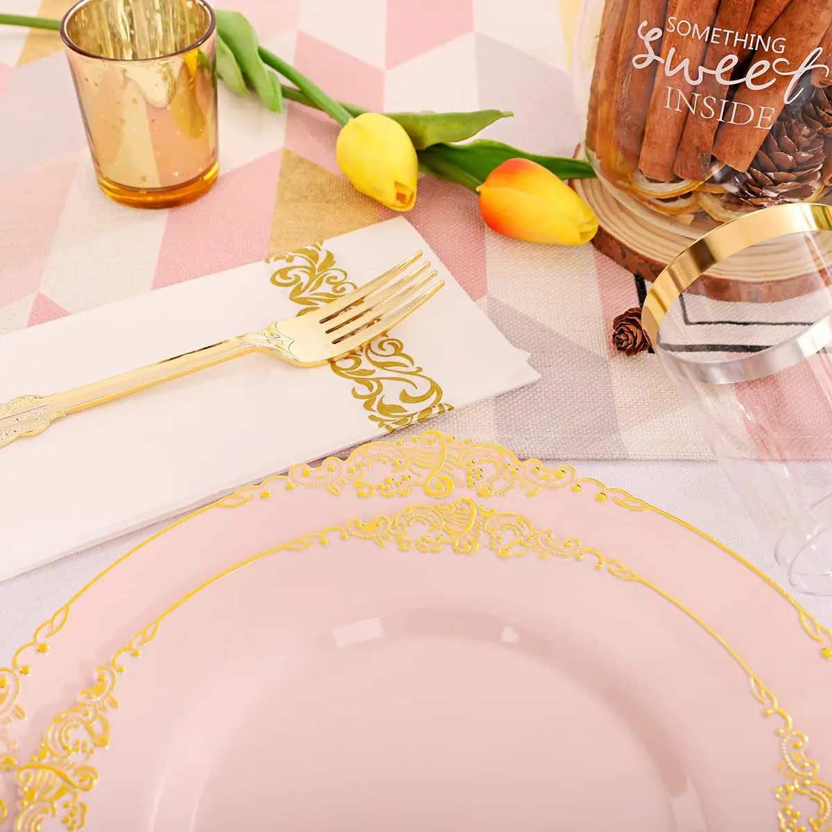 150pcs Clear Plastic Plates With Gold Rim Gold Silverware Include ...