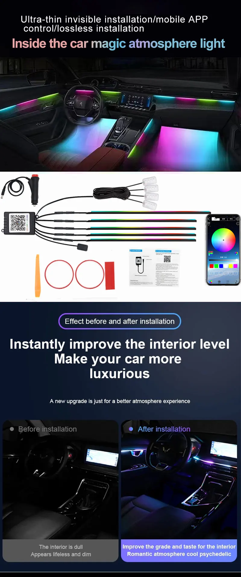 Universal Car Decoration Ambient Lighting Kit - RGB LED Strips