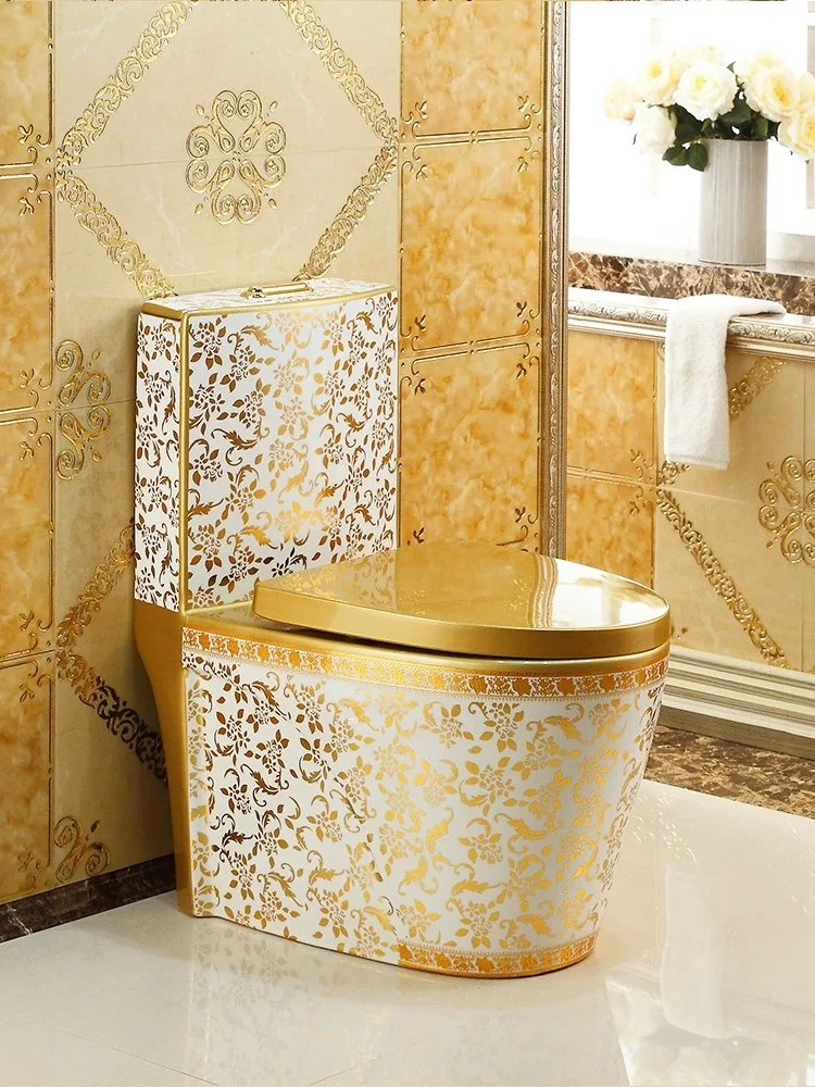 Modern Gold-Colored One Piece WC Toilet Bowl - Elongated Ceramic